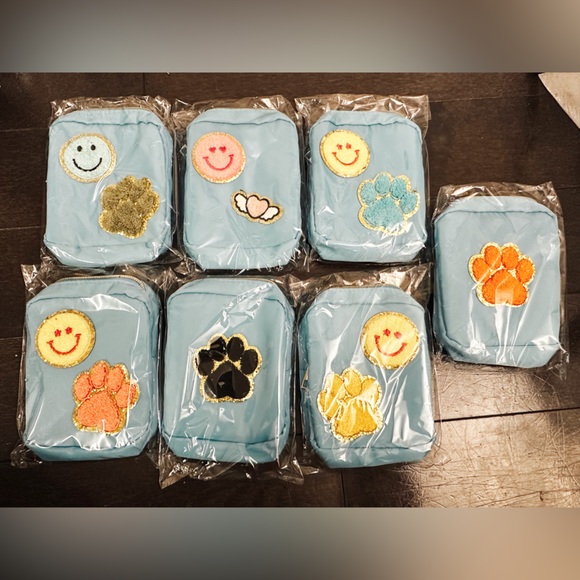 Bags | Set Of 7 Blue Patch Makeup Bags Paw Print Smiley Face New | Poshmark